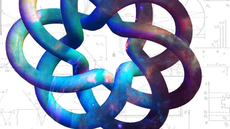 Abstraction of math, impossible shape with galaxy over math equations